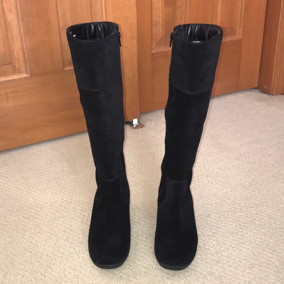 Clarks | Shoes | Wedge Black Suede Tall Boots | Poshmark